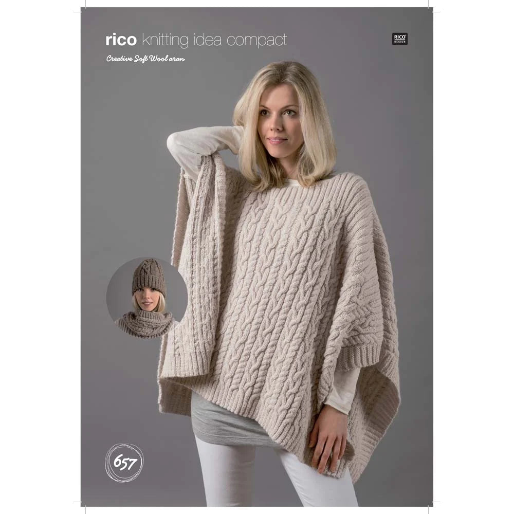 Rico Creative Soft Wool Aran Poncho Snood and Hat Knitting Pattern 657 ...